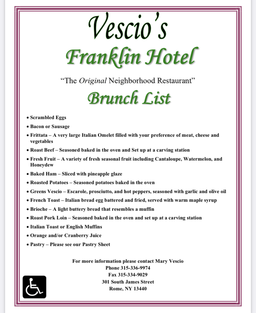 Lunch, Brunch & Dinner Menu | Vescio's Franklin Hotel